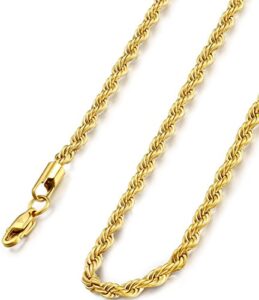 fibo steel 18k real gold plated 2.5-8 mm stainless steel mens womens necklace twist rope chain, 4mm 24 inches