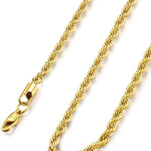 FIBO STEEL 18k Real Gold Plated 2.5-8 MM Stainless Steel Mens Womens Necklace Twist Rope Chain, 4MM 24 inches