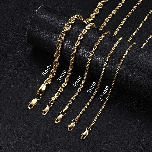 FIBO STEEL 18k Real Gold Plated 2.5-8 MM Stainless Steel Mens Womens Necklace Twist Rope Chain, 4MM 24 inches