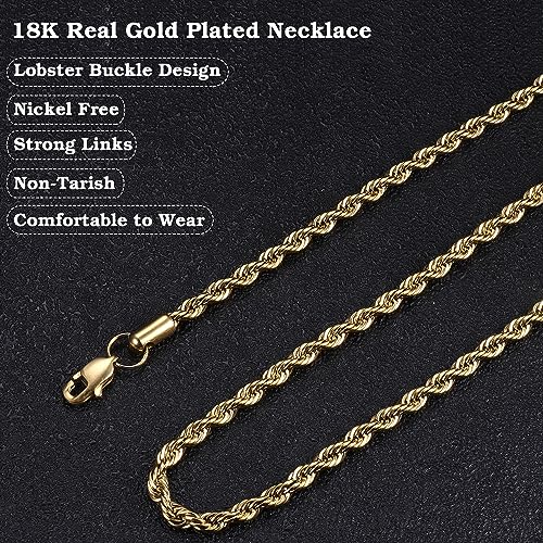 FIBO STEEL 18k Real Gold Plated 2.5-8 MM Stainless Steel Mens Womens Necklace Twist Rope Chain, 4MM 24 inches