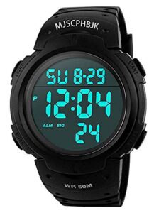 skmei mjscphbjk mens digital sports watch, waterproof led screen large face military watches and heavy duty electronic simple army watch with alarm, stopwatch, luminous night light - black