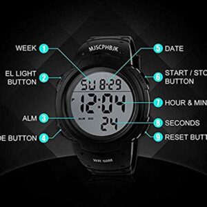 SKMEI MJSCPHBJK Mens Digital Sports Watch, Waterproof LED Screen Large Face Military Watches and Heavy Duty Electronic Simple Army Watch with Alarm, Stopwatch, Luminous Night Light - Black