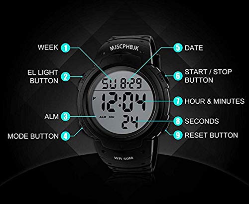 SKMEI MJSCPHBJK Mens Digital Sports Watch, Waterproof LED Screen Large Face Military Watches and Heavy Duty Electronic Simple Army Watch with Alarm, Stopwatch, Luminous Night Light - Black