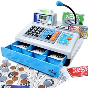 dr. stem toys | talking toy cash register | stem learning 69 piece pretend store with 3 languages, paging microphone, credit card, bank card, play money and banking for kids, silver