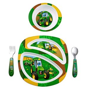 the first years john deere's johnny tractor and friends dinnerware set - toddler plates and bowls set - includes toddler plate, toddler bowl, toddler fork and toddler spoon - 4 count