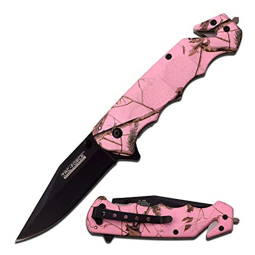 TAC FORCE Spring Assisted Folding Pocket Knife – Black Fine Edge Tanto Blade, Pink Camo Coated Aluminum Handle, Rope Cutter, Glass Punch, Pocket Clip, Tactical, EDC, Rescue - TF-499PC