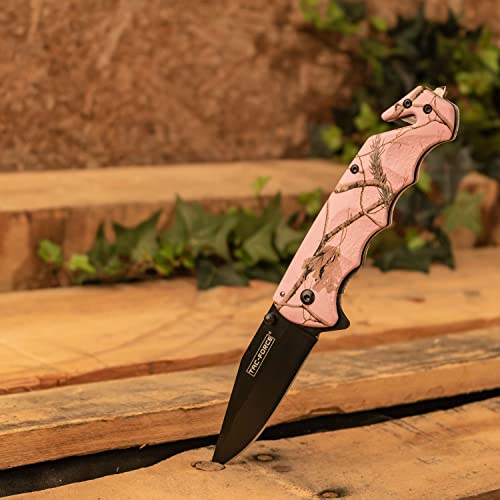 TAC FORCE Spring Assisted Folding Pocket Knife – Black Fine Edge Tanto Blade, Pink Camo Coated Aluminum Handle, Rope Cutter, Glass Punch, Pocket Clip, Tactical, EDC, Rescue - TF-499PC