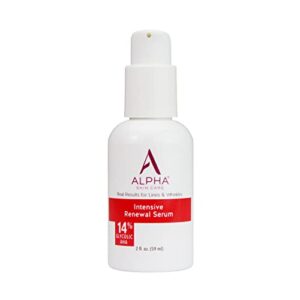 alpha skin care renewal serum concentrated with 14% glycolic aha, intensive rejuvenating smoothing serum, gently exfoliates, hydrates, evens skin tone for a healthier clear complexion