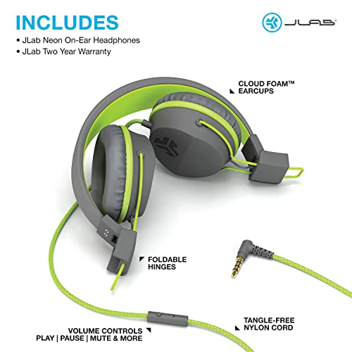 JLab Audio Neon Headphones On-Ear Feather Light, Ultra-plush Eco Leather, 40mm drivers, GUARANTEED FOR LIFE - Graphite/Lime