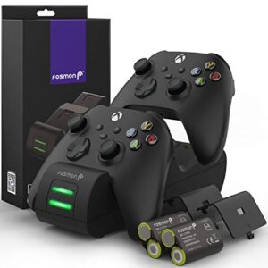 fosmon dual 2 max charger with 2x 2200mah rechargeable battery pack compatible with xbox series x/s(2020), xbox one/one x/one s elite controllers, high speed charging docking station kit - black