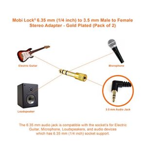 Mobi Lock 6.35mm Plug to 3.5mm Socket (Pack of 2) 1/4 to 1/8 inch Stereo Audio Jack Adapter | Converts Audio from Amplifiers, Guitar, Piano, Drums, Speakers & Mic That use 6.35mm to 3.5mm Port