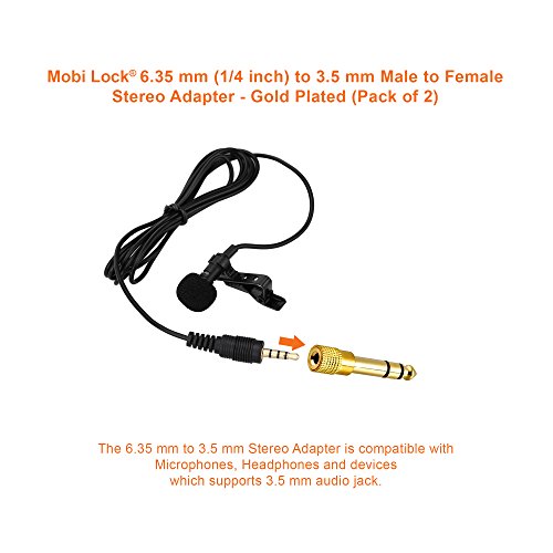 Mobi Lock 6.35mm Plug to 3.5mm Socket (Pack of 2) 1/4 to 1/8 inch Stereo Audio Jack Adapter | Converts Audio from Amplifiers, Guitar, Piano, Drums, Speakers & Mic That use 6.35mm to 3.5mm Port