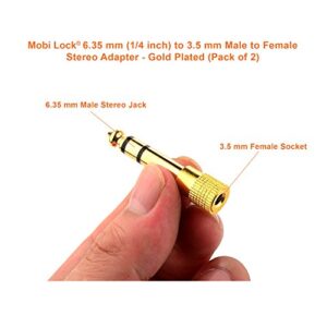 Mobi Lock 6.35mm Plug to 3.5mm Socket (Pack of 2) 1/4 to 1/8 inch Stereo Audio Jack Adapter | Converts Audio from Amplifiers, Guitar, Piano, Drums, Speakers & Mic That use 6.35mm to 3.5mm Port