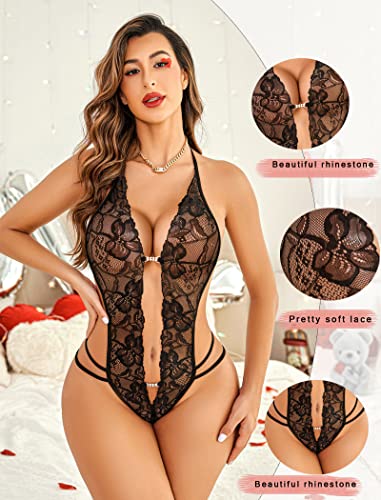 Avidlove Lingerie for Women Halter Lace Bodysuit Teddy V Neck Babydoll Sexy Sleepwear Black Large