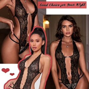 Avidlove Lingerie for Women Halter Lace Bodysuit Teddy V Neck Babydoll Sexy Sleepwear Black Large