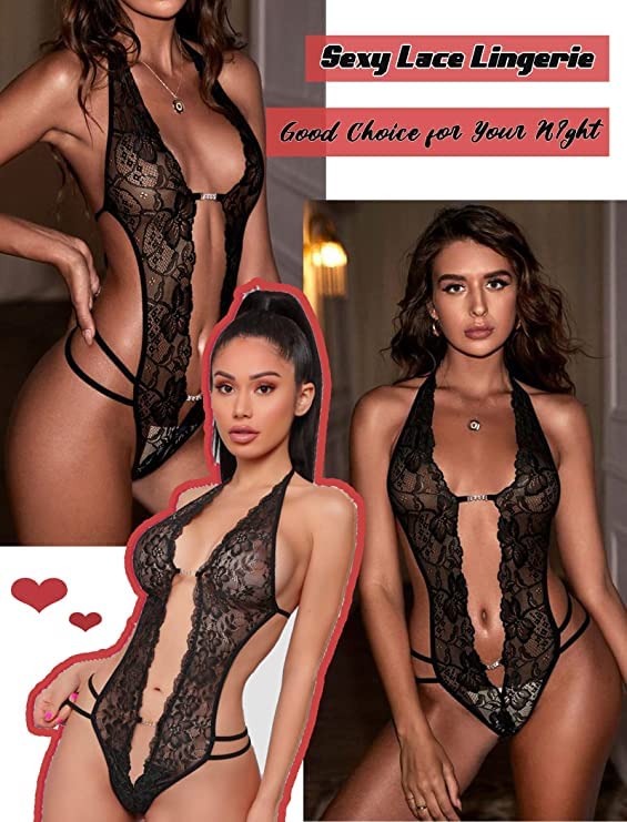 Avidlove Lingerie for Women Halter Lace Bodysuit Teddy V Neck Babydoll Sexy Sleepwear Black Large