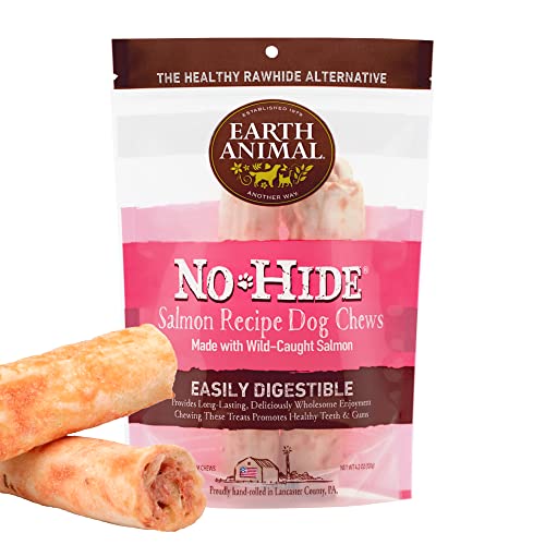 EARTH ANIMAL No Hide Medium Salmon Flavored Natural Rawhide Free Dog Chews Long Lasting Dog Chew Sticks | Dog Treats for Large Dogs | Great Dog Chews for Aggressive Chewers (1 Pack)