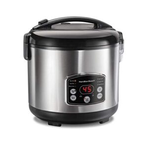 hamilton beach digital programmable rice cooker & food steamer, 14 cups cooked (7 uncooked) with steam & rinse basket, stainless steel (37548)