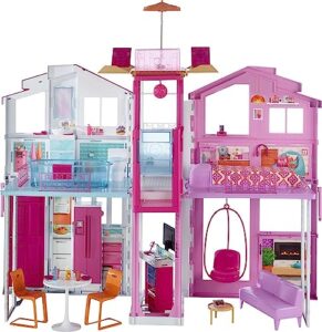 barbie doll house, 3-story townhouse with 4 rooms & rooftop lounge, furniture & accessories including swinging chair (amazon exclusive)