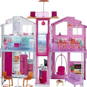 Barbie Doll House, 3-Story Townhouse with 4 Rooms & Rooftop Lounge, Furniture & Accessories Including Swinging Chair (Amazon Exclusive)