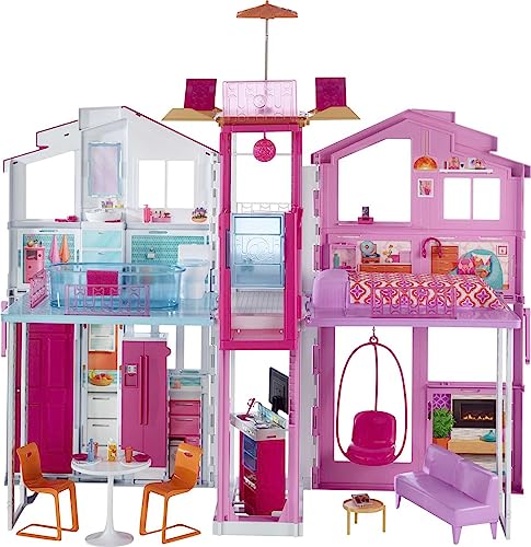 Barbie Doll House, 3-Story Townhouse with 4 Rooms & Rooftop Lounge, Furniture & Accessories Including Swinging Chair (Amazon Exclusive)