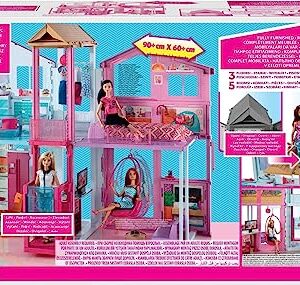 Barbie Doll House, 3-Story Townhouse with 4 Rooms & Rooftop Lounge, Furniture & Accessories Including Swinging Chair (Amazon Exclusive)