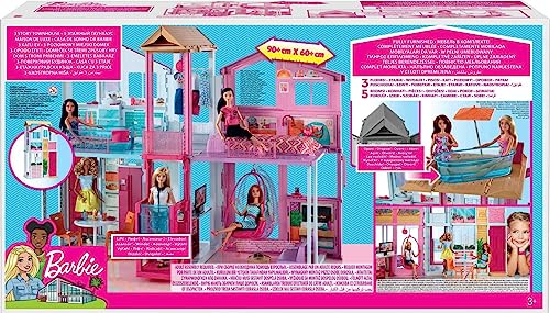 Barbie Doll House, 3-Story Townhouse with 4 Rooms & Rooftop Lounge, Furniture & Accessories Including Swinging Chair (Amazon Exclusive)