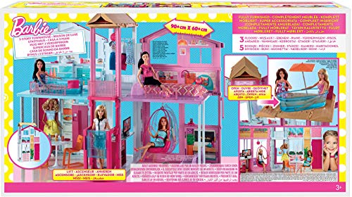 Barbie Doll House, 3-Story Townhouse with 4 Rooms & Rooftop Lounge, Furniture & Accessories Including Swinging Chair (Amazon Exclusive)