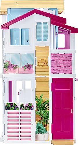 Barbie Doll House, 3-Story Townhouse with 4 Rooms & Rooftop Lounge, Furniture & Accessories Including Swinging Chair (Amazon Exclusive)