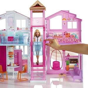 Barbie Doll House, 3-Story Townhouse with 4 Rooms & Rooftop Lounge, Furniture & Accessories Including Swinging Chair (Amazon Exclusive)