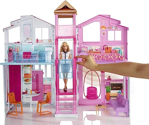 Barbie Doll House, 3-Story Townhouse with 4 Rooms & Rooftop Lounge, Furniture & Accessories Including Swinging Chair (Amazon Exclusive)