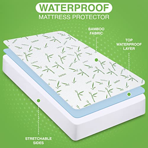 Utopia Bedding Premium Bamboo Waterproof Mattress Protector Twin 340 GSM, Fits 15 Inches Deep, Mattress Cover, Breathable, Fitted Style with Stretchable Pockets White