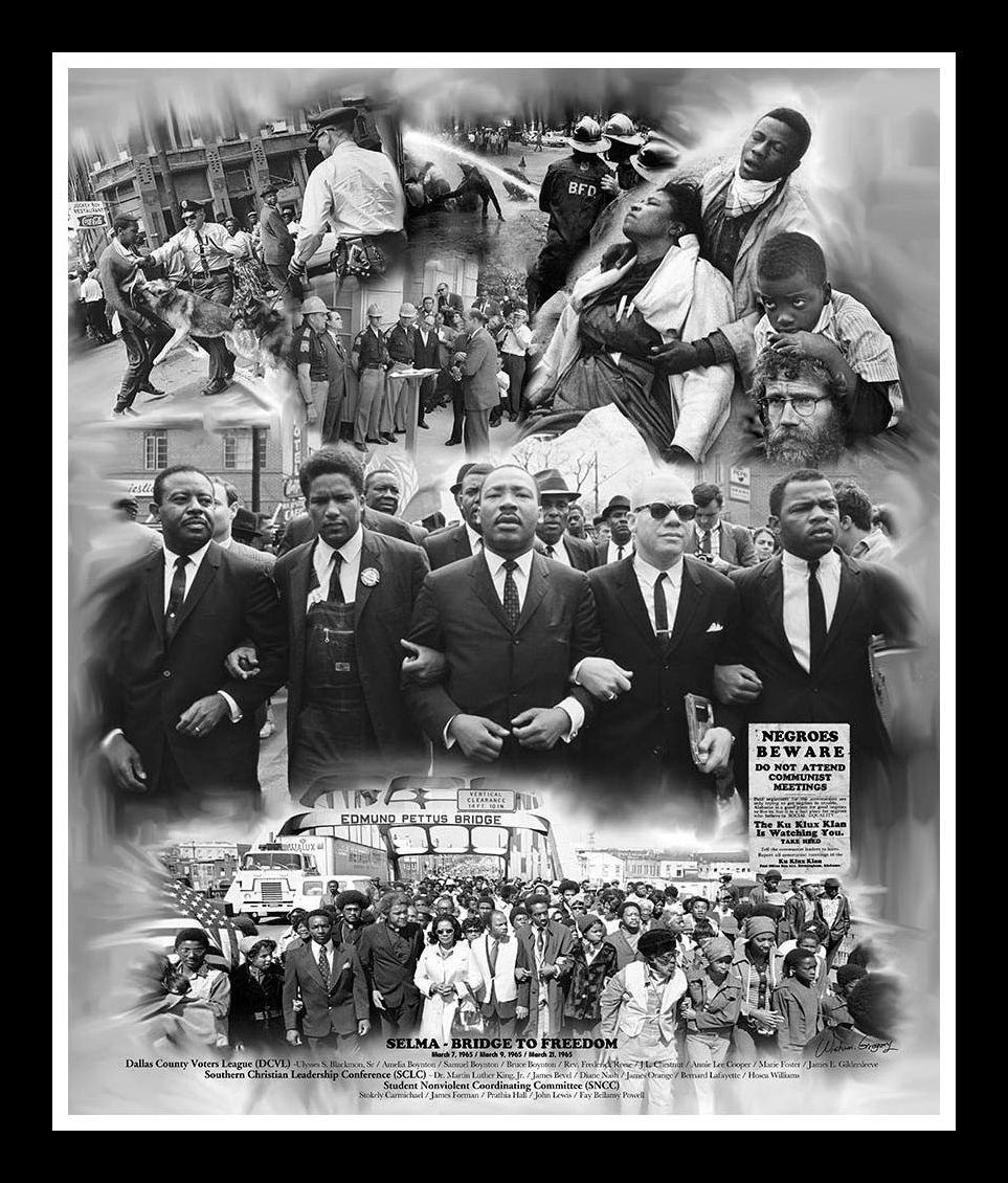 Wishum Gregory Selma: Bridge to Freedom (11x8.5 inches - Black History Art - Black Frame)