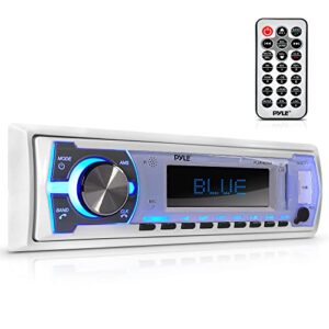 pyle marine bluetooth stereo radio - 12v single din style boat in dash radio receiver system with built-in mic, digital lcd, rca, mp3, usb, sd, am fm radio - remote control - plmrb29w (white)