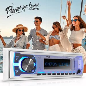 Pyle Marine Bluetooth Stereo Radio - 12v Single DIN Style Boat In dash Radio Receiver System with Built-in Mic, Digital LCD, RCA, MP3, USB, SD, AM FM Radio - Remote Control - PLMRB29W (White)