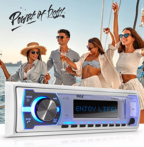 Pyle Marine Bluetooth Stereo Radio - 12v Single DIN Style Boat In dash Radio Receiver System with Built-in Mic, Digital LCD, RCA, MP3, USB, SD, AM FM Radio - Remote Control - PLMRB29W (White)