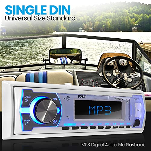 Pyle Marine Bluetooth Stereo Radio - 12v Single DIN Style Boat In dash Radio Receiver System with Built-in Mic, Digital LCD, RCA, MP3, USB, SD, AM FM Radio - Remote Control - PLMRB29W (White)