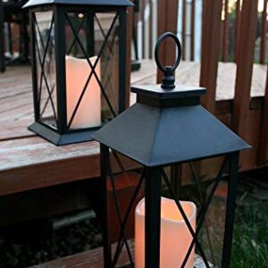 Black Decorative LED Lantern with Cross Bar Design - Pillar Candle with 5 Hour Timer Included - Hanging or Sitting Decoration - Set of 2 - 13"H