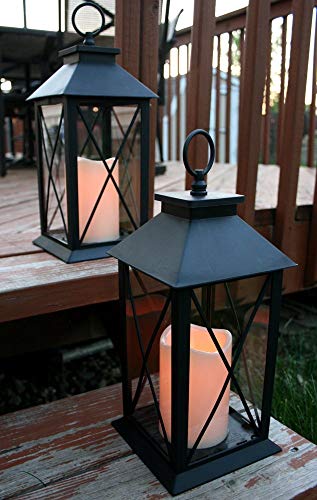 Black Decorative LED Lantern with Cross Bar Design - Pillar Candle with 5 Hour Timer Included - Hanging or Sitting Decoration - Set of 2 - 13"H