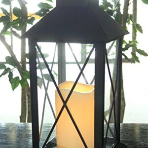 Black Decorative LED Lantern with Cross Bar Design - Pillar Candle with 5 Hour Timer Included - Hanging or Sitting Decoration - Set of 2 - 13"H