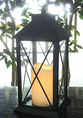 Black Decorative LED Lantern with Cross Bar Design - Pillar Candle with 5 Hour Timer Included - Hanging or Sitting Decoration - Set of 2 - 13"H