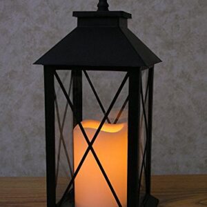 Black Decorative LED Lantern with Cross Bar Design - Pillar Candle with 5 Hour Timer Included - Hanging or Sitting Decoration - Set of 2 - 13"H