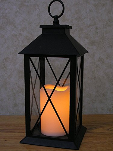 Black Decorative LED Lantern with Cross Bar Design - Pillar Candle with 5 Hour Timer Included - Hanging or Sitting Decoration - Set of 2 - 13"H