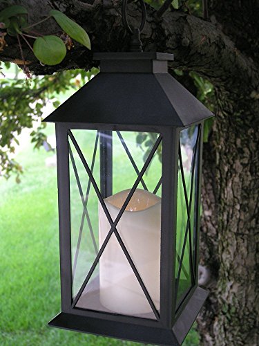 Black Decorative LED Lantern with Cross Bar Design - Pillar Candle with 5 Hour Timer Included - Hanging or Sitting Decoration - Set of 2 - 13"H