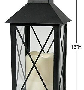 Black Decorative LED Lantern with Cross Bar Design - Pillar Candle with 5 Hour Timer Included - Hanging or Sitting Decoration - Set of 2 - 13"H