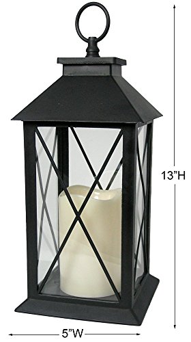 Black Decorative LED Lantern with Cross Bar Design - Pillar Candle with 5 Hour Timer Included - Hanging or Sitting Decoration - Set of 2 - 13"H