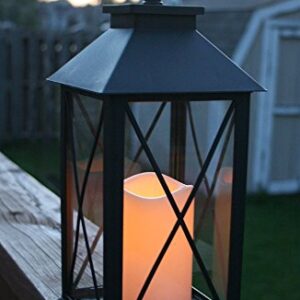 Black Decorative LED Lantern with Cross Bar Design - Pillar Candle with 5 Hour Timer Included - Hanging or Sitting Decoration - Set of 2 - 13"H