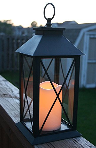 Black Decorative LED Lantern with Cross Bar Design - Pillar Candle with 5 Hour Timer Included - Hanging or Sitting Decoration - Set of 2 - 13"H