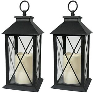 Black Decorative LED Lantern with Cross Bar Design - Pillar Candle with 5 Hour Timer Included - Hanging or Sitting Decoration - Set of 2 - 13"H