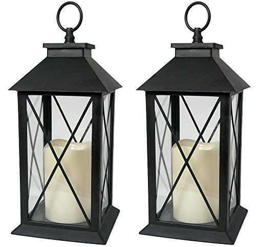 Black Decorative LED Lantern with Cross Bar Design - Pillar Candle with 5 Hour Timer Included - Hanging or Sitting Decoration - Set of 2 - 13"H